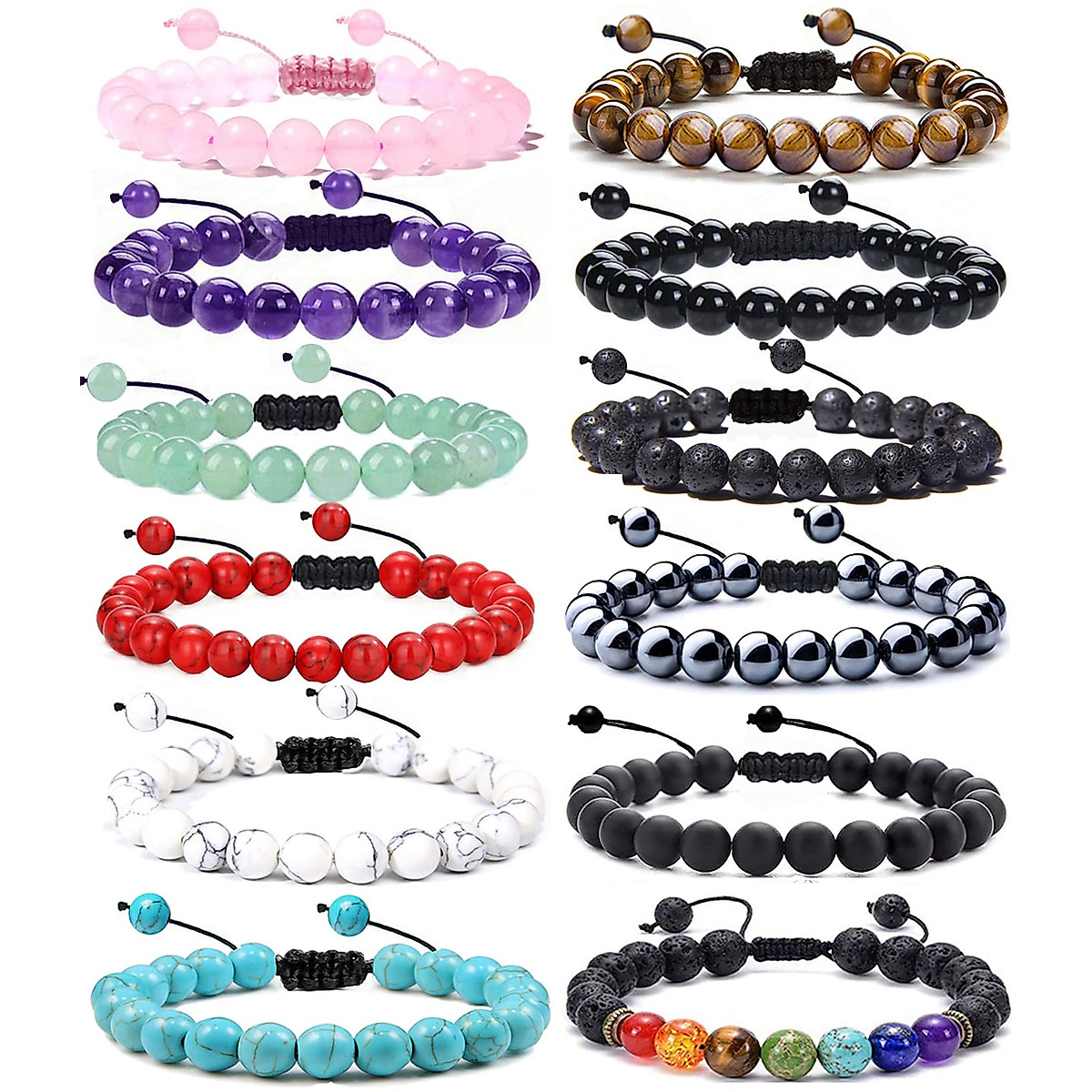 FINZOR 12Pcs 8mm Stone Beads Bracelets for Women Men Semi-precious Gemstone Crystal Beaded Bracelets Lava Rock Tiger Eye Amethyst Chakra Bracelets Unisex Adjustable
