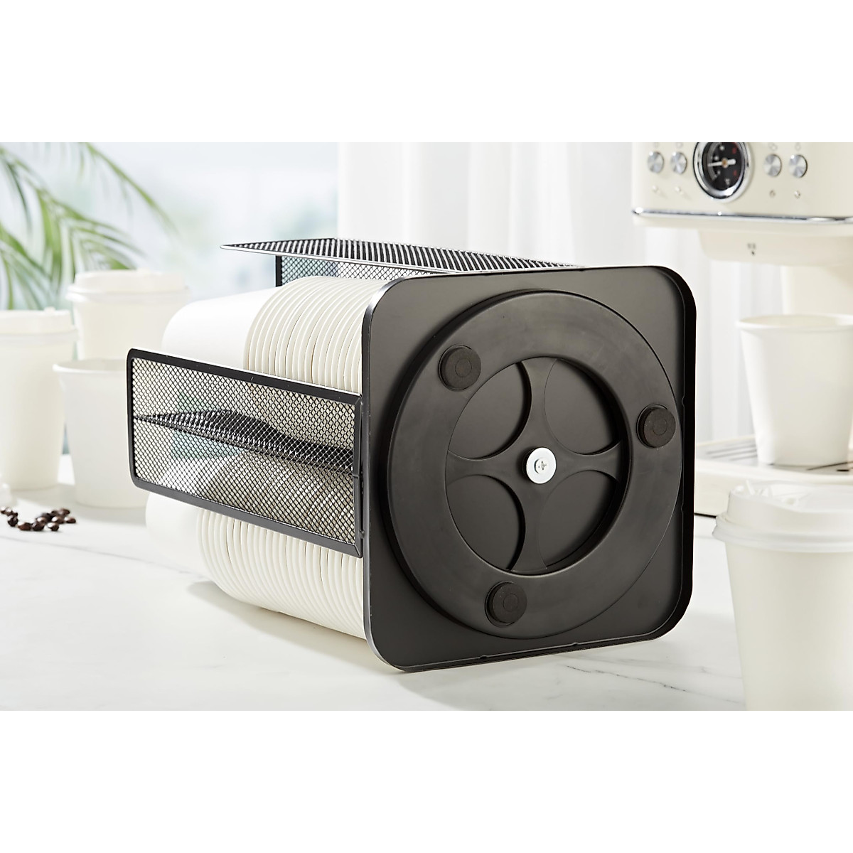 Annova Paper Cup and Lid Holder Plastic Cup Storage Organizer, 360°Rotating Coffee Cup Dispenser with 4 Compartments, Multifunctional Cup Storage Rack for Home, Office, Bar, Coffee Shop (Black)