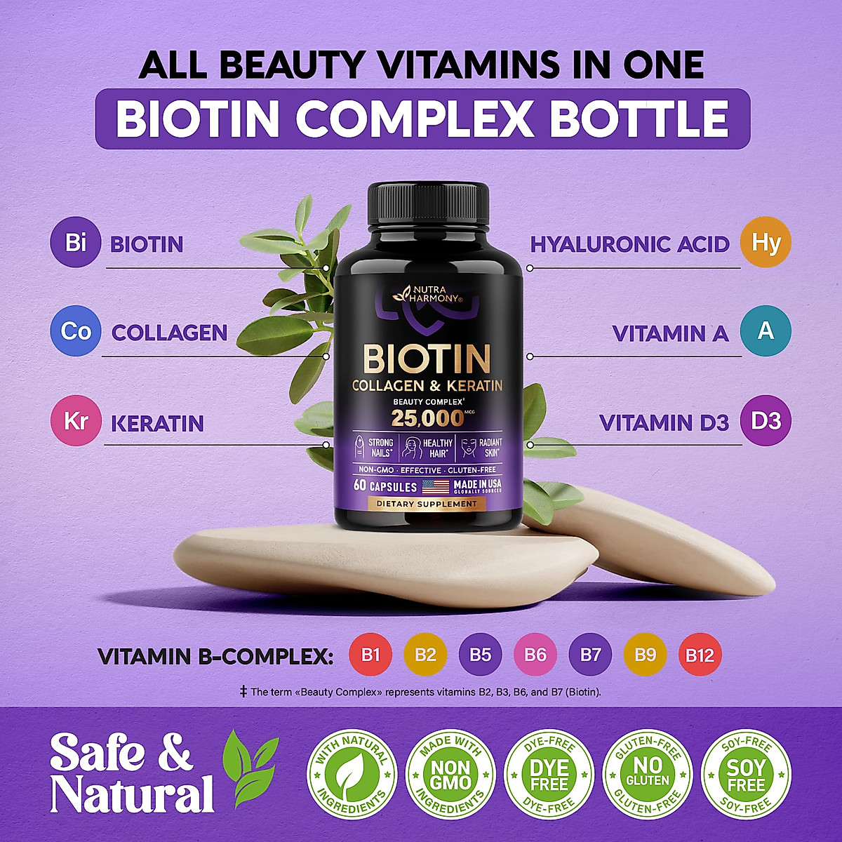 Biotin | Collagen | Keratin | Hyaluronic Acid - Hair Growth Support Supplement | Skin & Nails Beauty Complex 25000 mcg - B1 | B2 | B3 | B6 | B7 - Made in USA - For Women & Men | 60 Capsules