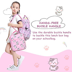 Kasqo Lunch Box Bag for Girls, Insulated Cute Lunch Bag with Shoulder strap Water Bottle Holder Mini Cooler Thermal Meal Tote Kit for Kids, Pink Kitten