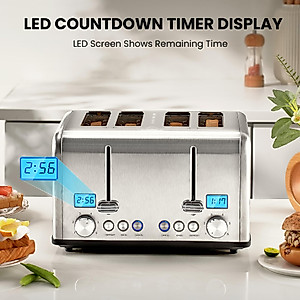4 Slice Toaster, Roter Mond Countdown Stainless Steel Toaster with Bagel, Defrost, Cancel Function, Dual Toaster Extra Wide Slots, 6 Bread Shade Settings Bread Toaster, Removable Crumb Trays, 1650W