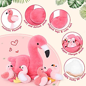 MorisMos Plush Flamingo Stuffed Animal-18 Inch Mommy Stuffed Flamingo with 4 Baby Flamingo Plush Toys Inside Zipper Tummy, Pink Flamingo Toy Gift for Girl Women Decor Birthday Christmas Valentines