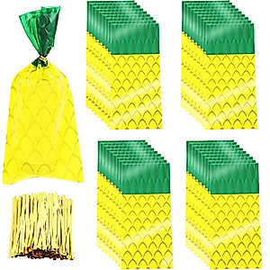 Chinco 100 Pieces Pineapple Cellophane Bags Cellophane Treat Bags Party Favor Bags with 200 Pieces Gold Twist Ties for Cookies Candies Summer Hawaiian Holiday Holiday Swimming Pool Party