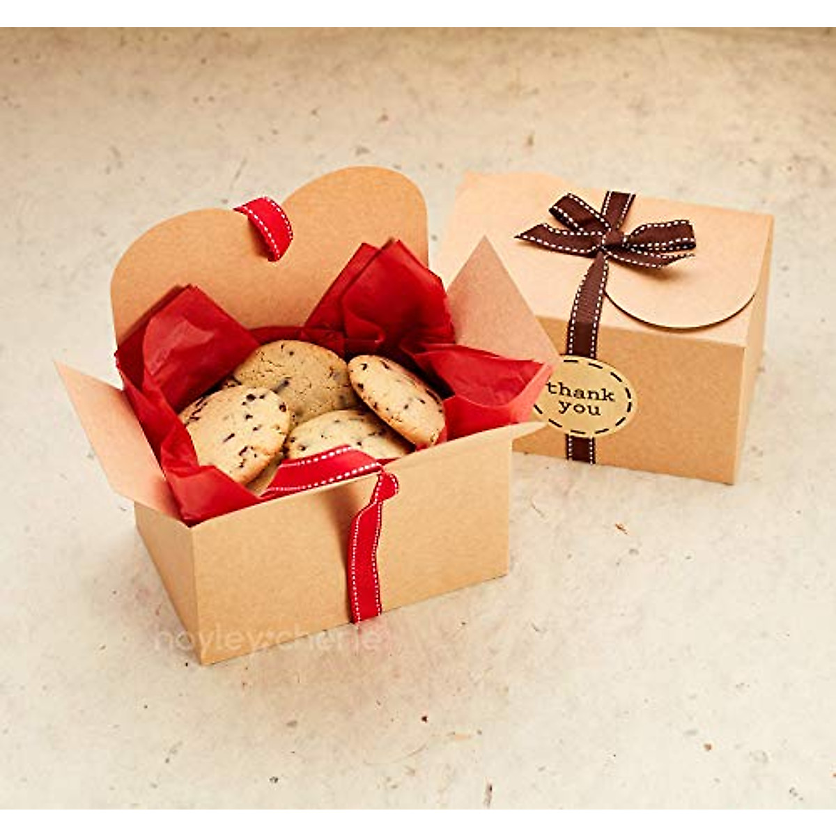 Hayley Cherie - Brown Kraft Gift Treat Boxes with Ribbons & Thank You Stickers (20 Pack) - 6.5 x 4 x 4 inches - Thick 400gsm Cardboard - For Goodies, Candy, Parties, Christmas, Birthdays, Weddings