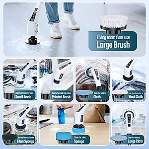 Electric Spin Scrubber, Power Shower Scrubber with Extension Handle for Cleaning, 420RPM/Mins-8 Replaceable Brush Heads-140Mins Long Work Time, 3 Adjustable Size, 3 Speeds for Bathroom Tub Tile Floor