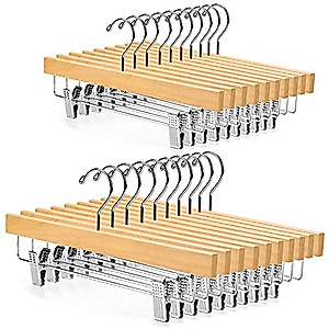 Nature-Smile 20 Pack Wooden Pants Hangers Jeans Bottom Hanger Solid Lotus Wood Skirt Hanger with 2-Adjustable Clips Anti Rust Hook Natural Color