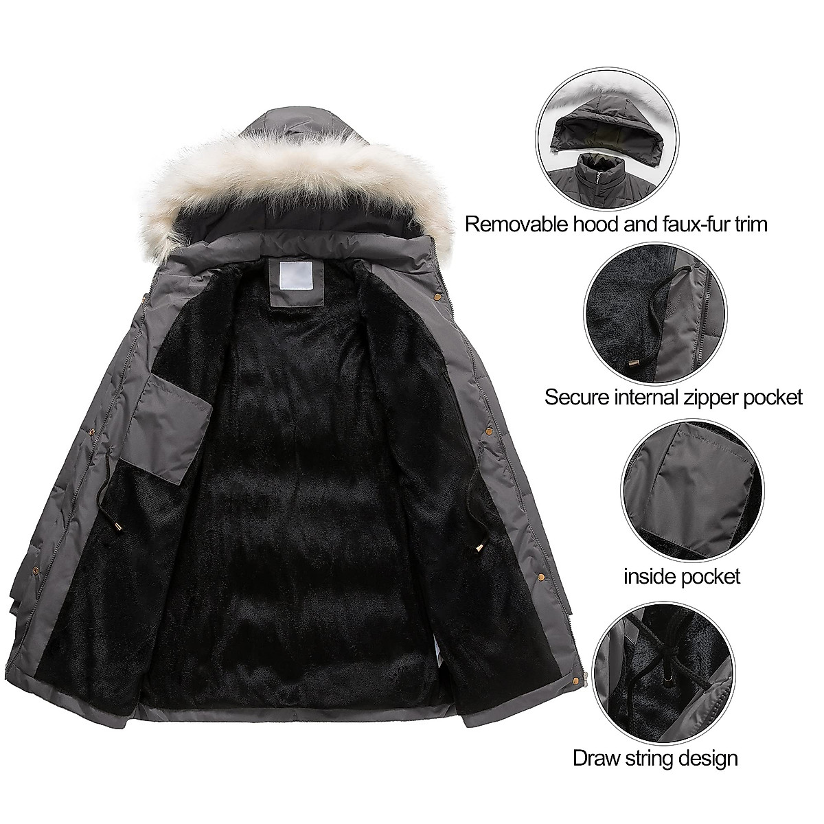 Chrisuno Women's Long Winter Puff Coat Insulated Water Resistant Parka With Detachable Hood XL Dark Grey