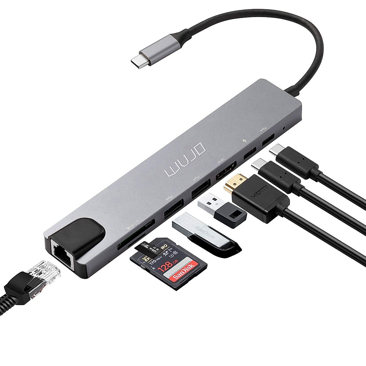 USB C Hub, WUJO 8 in 1 USB C Adapter with 4K HDMI, 1Gbps Ethernet, 87w Type C PD,Thunderbolt 3 USBC Port, 2 USB 3.0, SD/TF Card Reader, Compatible with MacBook Pro/Air, Pixelbook,XPS, Chromebook.