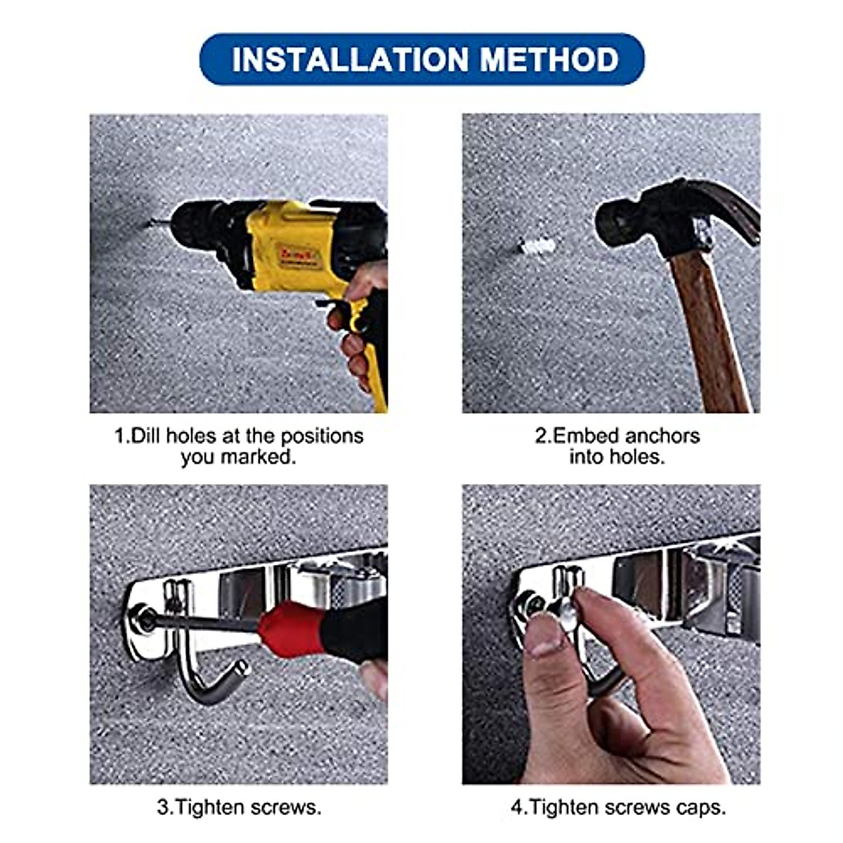 FULGENTE Broom Mop Holder, Wall Mount Storage Cleaning Tools Organizer for Laundry Garage Garden Bath Kitchen, Screw-In Heavy Duty Stainless Steel Utility Rack Hanging Shelf (3 Racks 4 Hooks)