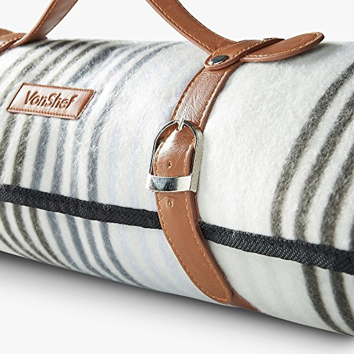 VonShef Picnic Blanket - Large 58" x 71" Soft Waterproof Folding Picnic Blanket for Outdoor Picnics, Beach, Camping - Gray Striped Pattern