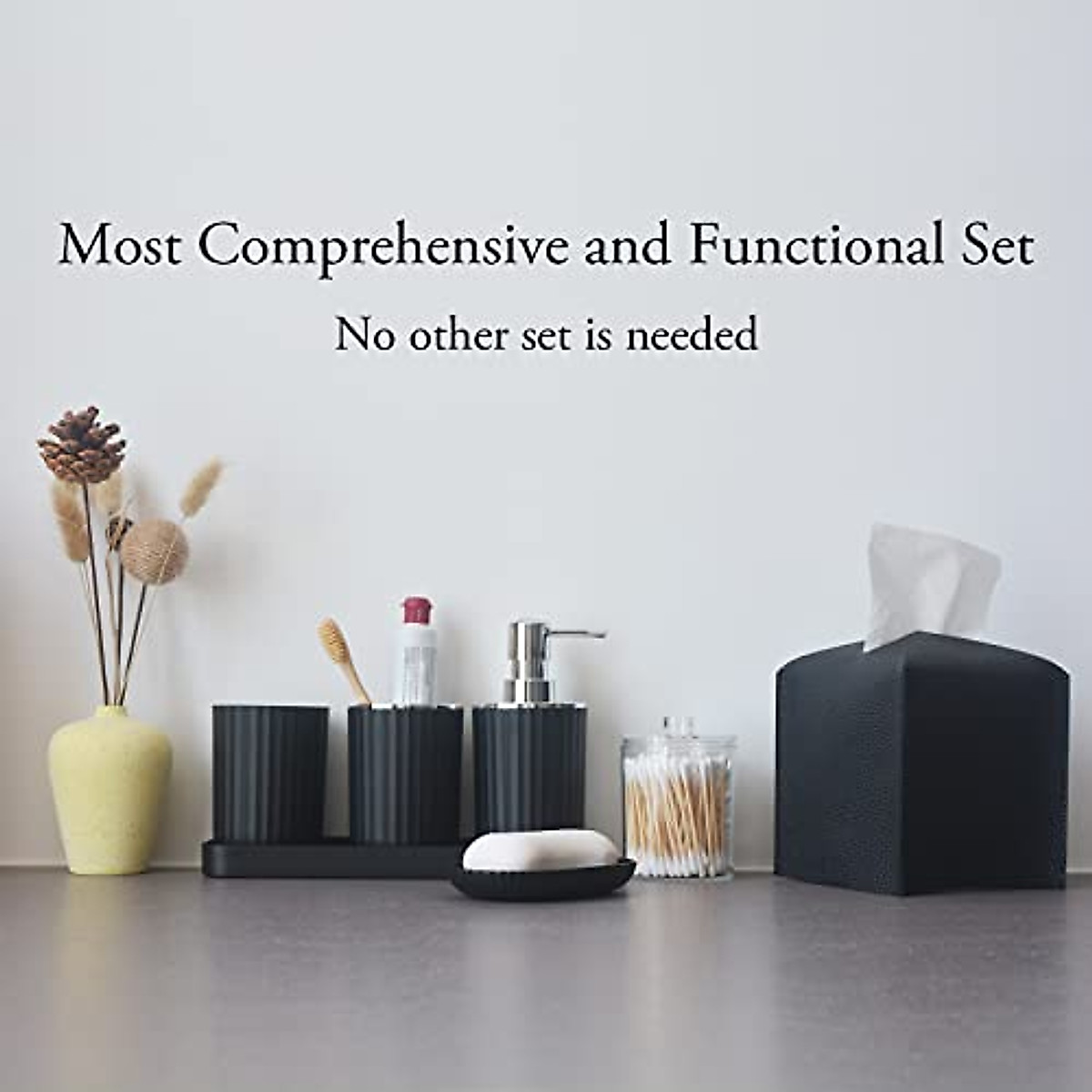 Bathroom Accessory Set - 10 Piece Black Bathroom Accessories Set with Trash Can, Toothbrush Holder and Cup, Soap Dispenser, Soap Dish, Toilet Brush Holder, Vanity Tray, Qtip Holder, Tissue Box Cover