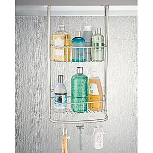 mDesign Stainless Steel Bath/Shower Over Door Caddy, Hanging Storage Organizer 2-Tier Rack with 6 Hooks and 2 Baskets - Holder for Soap, Shampoo, Loofah, Body Wash, Omni Collection, Satin