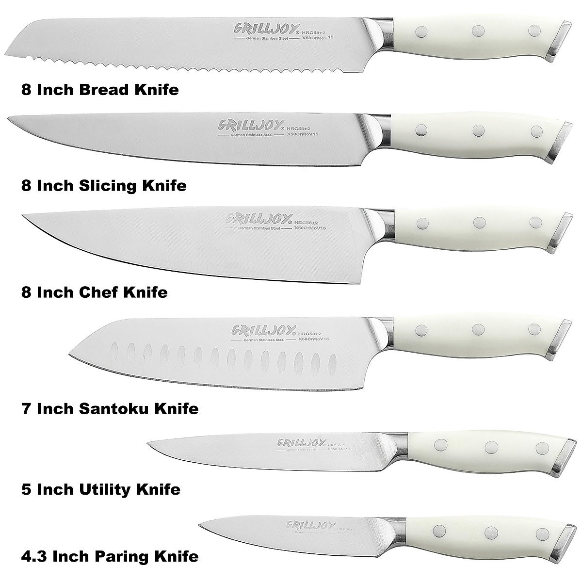 grilljoy 17PCS Premium Knife Set With In-drawer Knife Block, High Carbon Stainless Steel Cutlery Knife Block Set, Versatile Chef Knife Set for Daily Kitchen Use, White