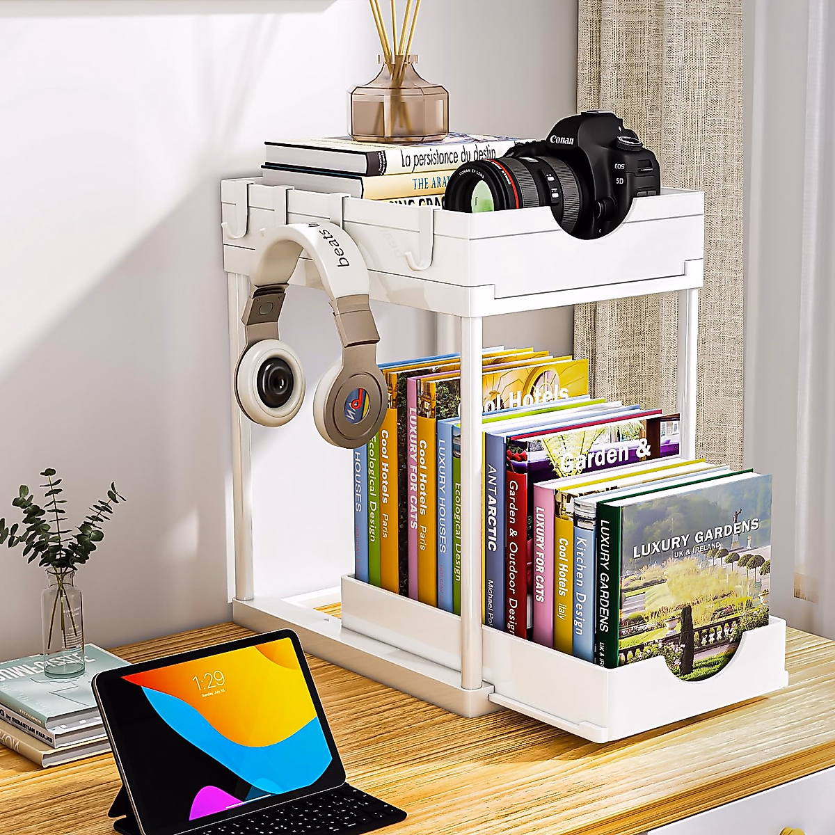 ARSTPEOE 2 Pack Double Sliding Under Sink Organizers and Storage,Two Tier Bathroom Storage and Organization,Under Cabinet Organizer with Hooks,Home Organization,White