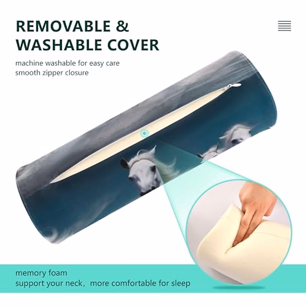 xigua Running Horses Neck Roll Pillow for Neck Relief with Removable Washable Cover - Memory Foam Round Cylinder Bolster, Ergonomically Designed for Head, Neck, Back, and Legs