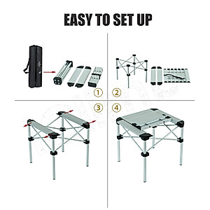 iClimb Lightweight Stable Alu. Folding Square Table Roll Up Top with Carry Bag for Camping Picnic Backyards BBQ Camp Kitchen (Silver, S)