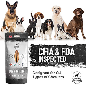 Canine Cravers Maplewood Smoked Bully Sticks 6” Inch - 100% Natural Free Range Grass Fed Beef - Made in Canada - Odor-Reduced Long Lasting, Rawhide Free Dog Chews High Protein Low Fat Dental Care