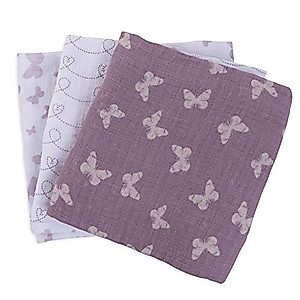 Ely's & Co. Muslin Swaddle Blanket 100% Soft Muslin Cotton 3 Pack 47"x 47" (Lavender Butterfly)