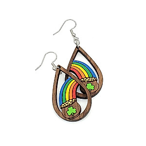 St Patrick's Day Earrings for Women Lucky Irish Shamrock Green Clover Hat Cat Dog Teardrop Wooden Dangle Earrings Holiday Jewelry Gifts-rainbow