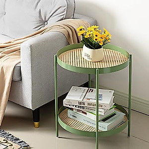 danpinera Metal Side Table, Imitation Rattan Green End Table with 2 Tier Removable Tray, Round Table for Small Spaces, Small Tables for Living Room 20.47 Inch x 16.54 Inch