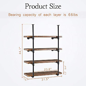 Mecor Industrial Wall Shelf 4-Tier with Planks, Wall Mount Iron Pipe Shelves, Wood and Metal Frame Wall Bookcase