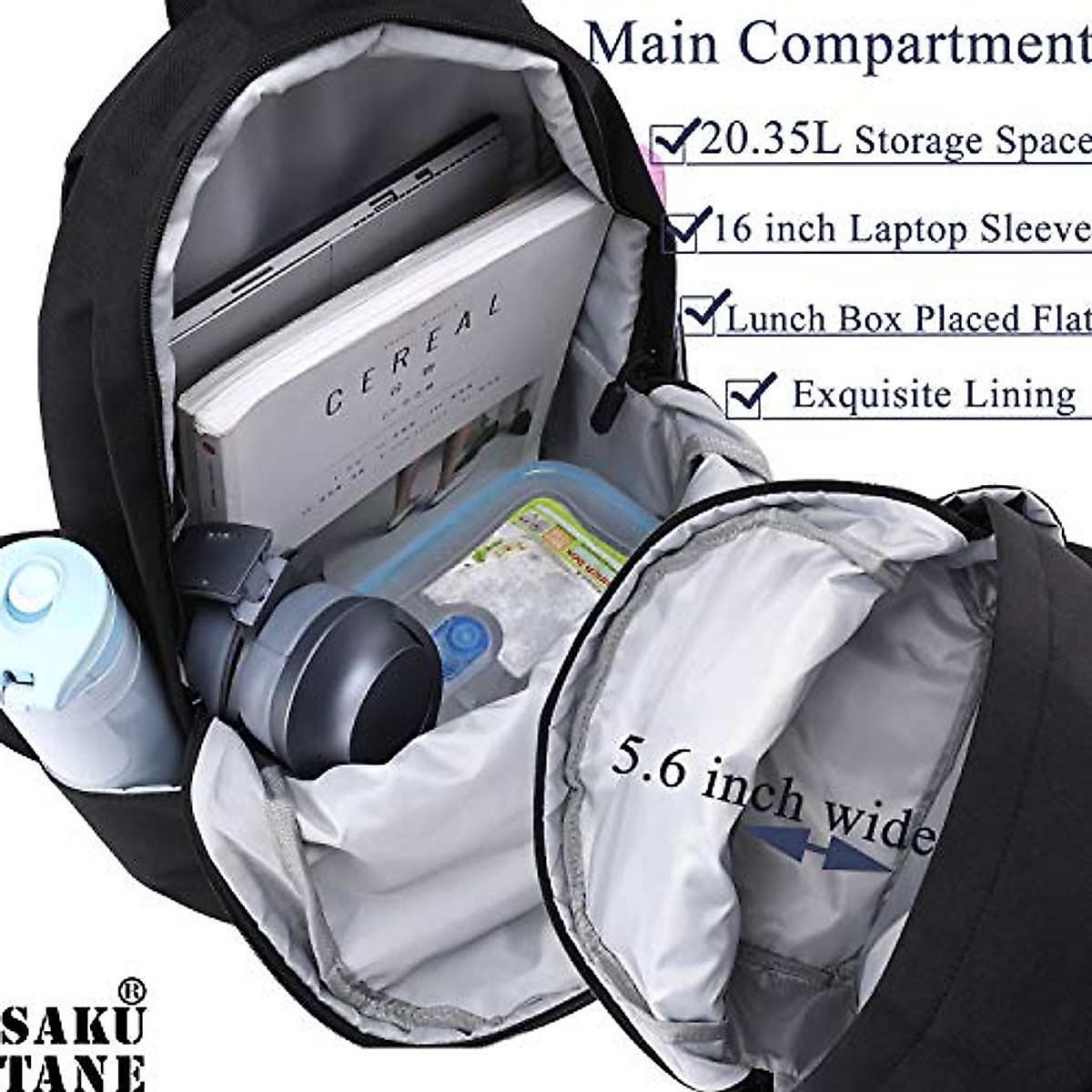 SAKUTANE Black Backpack 21Liter Waterproof School Bag 15.6 inch Laptop Mochila Plain No Logo Lots Pockets Teenagers Kids Men Women 33x14x44cm College Work Trip Gym Travel Roomy Daypack Lightweight