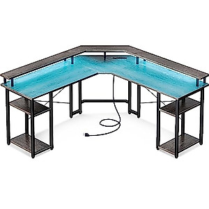 Coleshome L Shaped Gaming Desk with LED Lights & Power Outlets, Reversible 56" Computer Desk with Full Monitor Stand & Storage Shelves, Ergonomic Home Office Corner Desk, Gray Oak
