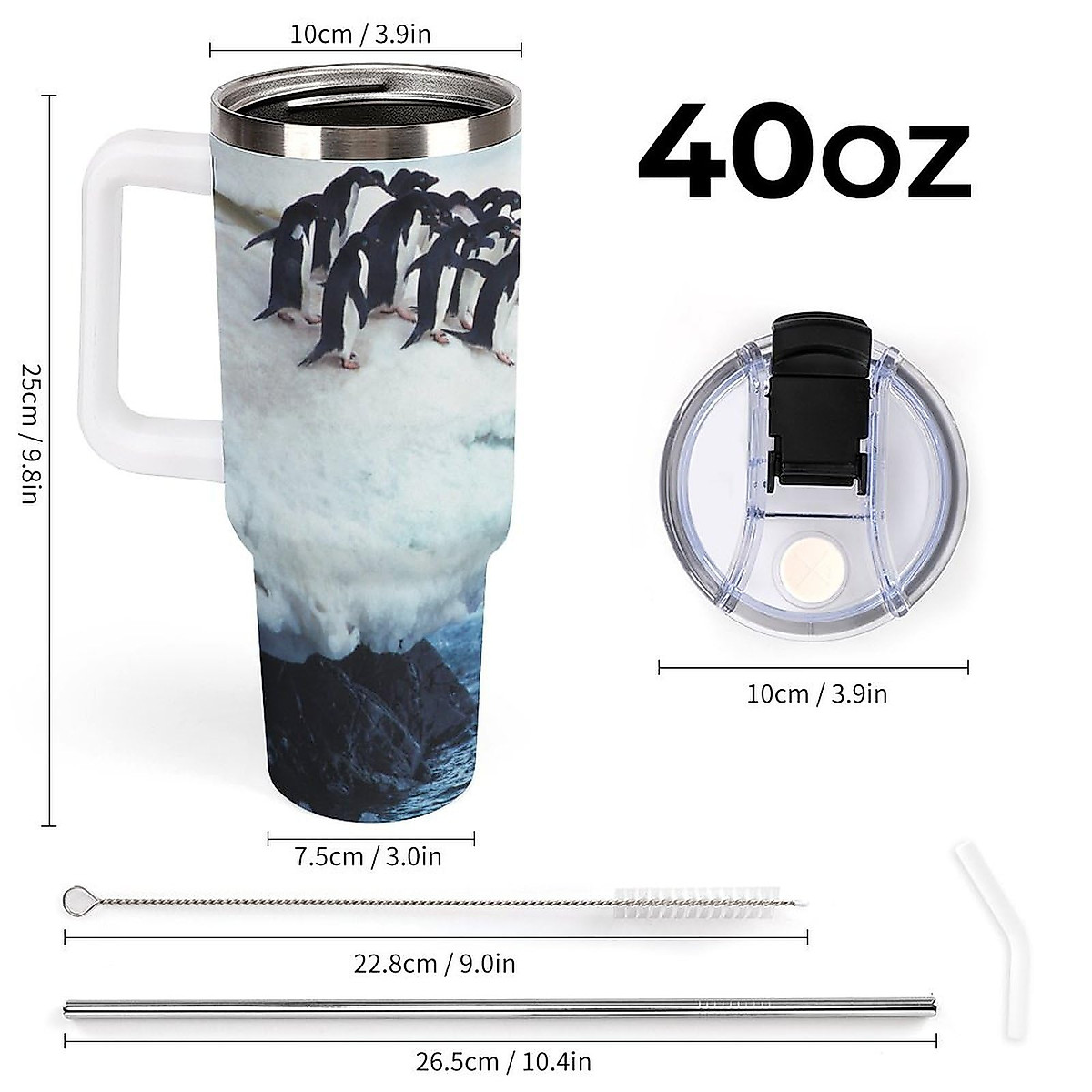 Niapessel Leak Proof Tumbler, Insulated Water Bottles with Straw, Penguin Group Into Ocean Insulated Cup with Handle 40 Oz Stainless Steel Flask for School, Travel, Car, Sports, Work