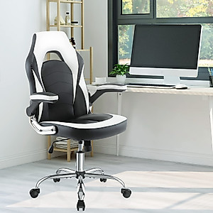SMUG Gaming Ergonomic Office Computer Desk Racing Style Bonded Leather Gamer Chair, with Flip-Up Arms and Adjustable Height, White
