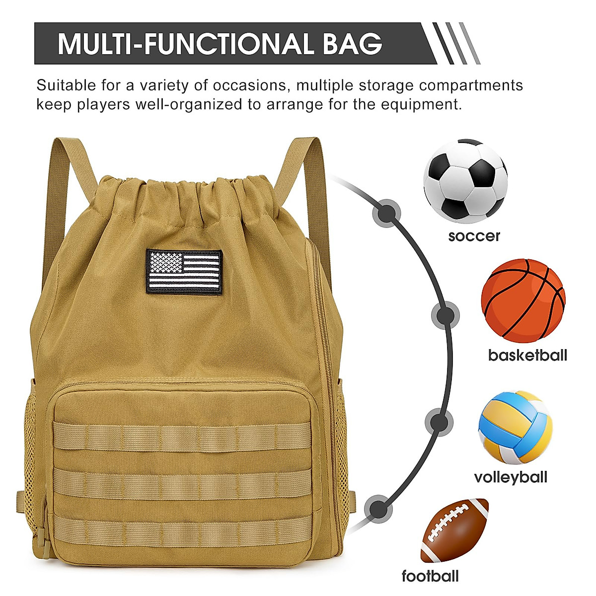G4Free Drawstring Backpack Gym Backpack Soccer Basketball Bag with Shoes Compartment Tactical Water-Resistant String Sports Bag for Men Women(Tan)