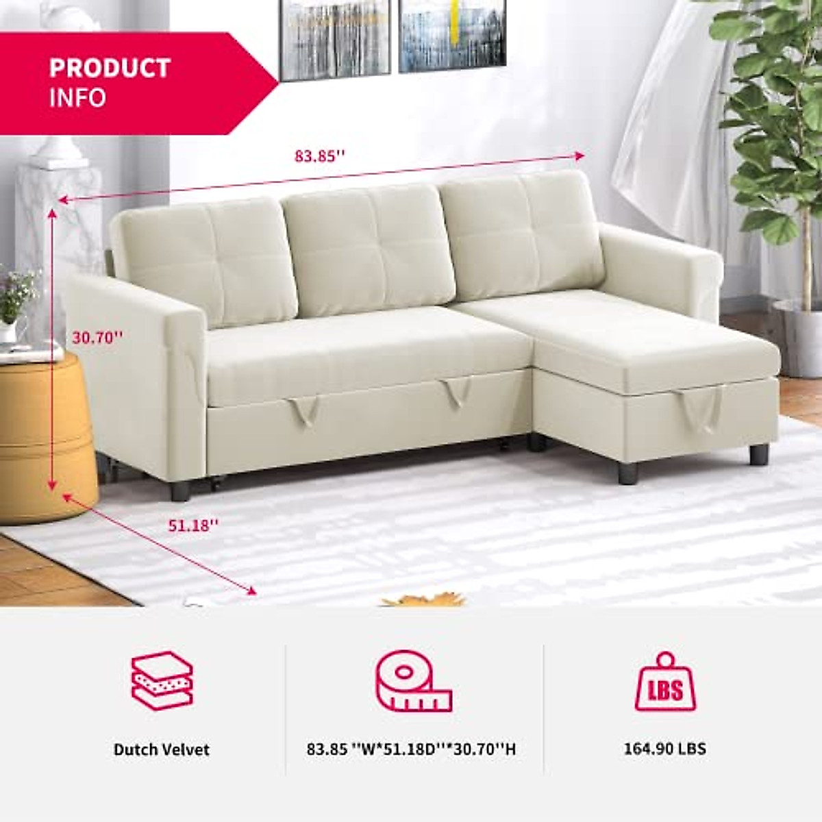 MUZZ Reversible Pull Out Sofa Couch, Sectional Sofa with Storage Chaise 3-Seat L-Shaped Sleeper Sofa, Ideal for Living Room, Apartment and Office etc. (Beige)