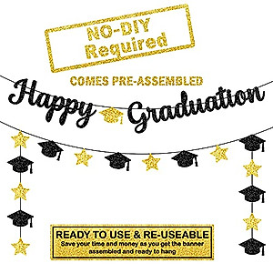 Glitter, Happy Graduation Banner - 10 Feet Cap Garland, No DIY | Graduation Banner Black, Gold for Graduation Party Decorations 2023 | Black and Gold Graduation Decorations, Class of 2023 Decorations