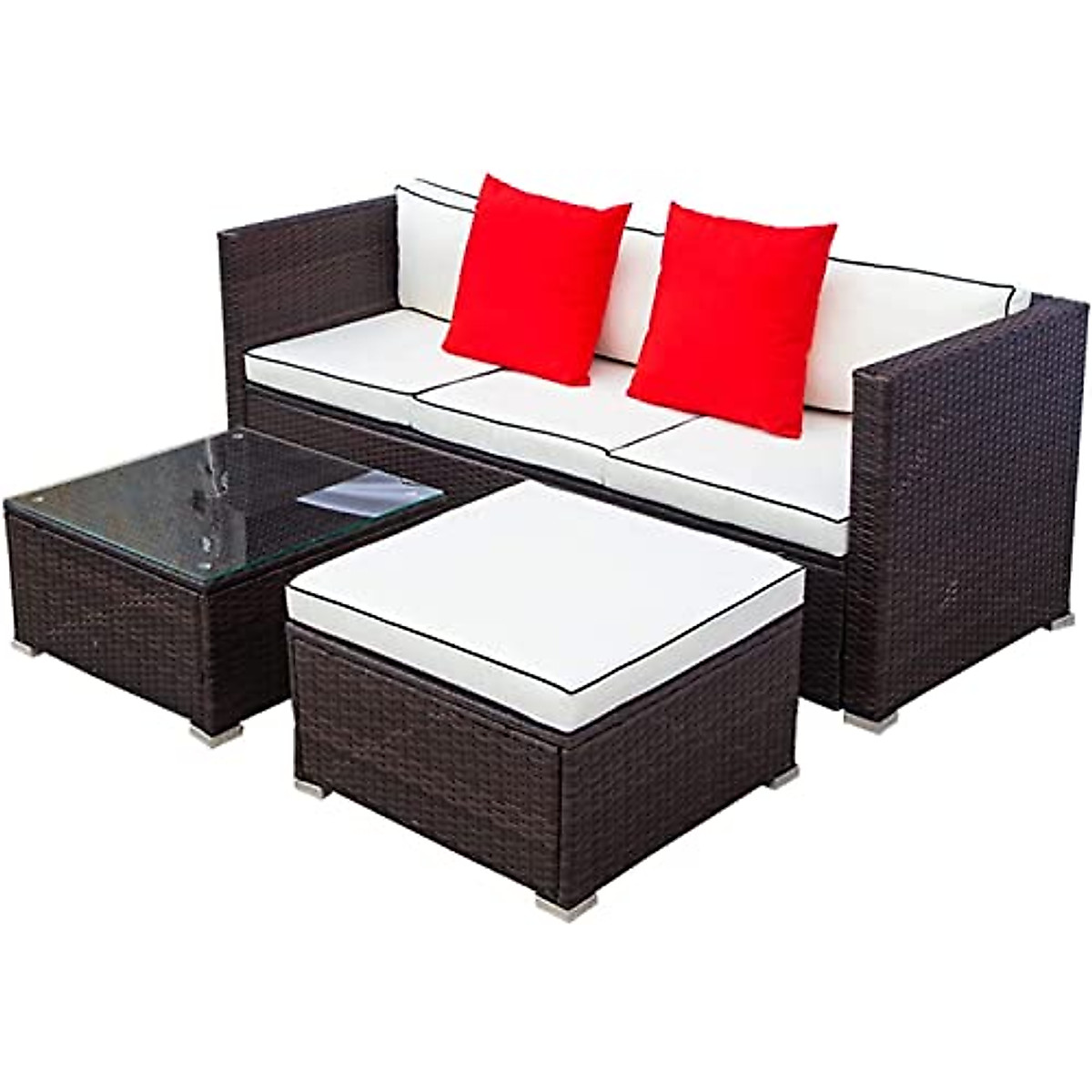 GAOPAN 3 Piece Outdoor Patio Conversation Sectional Couches Furniture Set, Rattan Wicker Garden Corner Sofas with Tempered Glass Top Coffee Table and Removable Soft Cushion, Beige+Brown