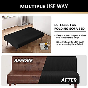 PrinceDeco Stretch Armless Futon Cover Futon Slipcover Full Queen Size Futon Couch Cover Futon Sofa Cover Futon Bed Cover Furniture Protector with Elastic Bottom, Checked Pattern Jacquard, Black