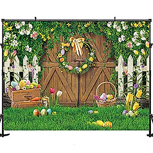 Maijoeyy 7x5ft Spring Easter Backdrop Wood Barn Door Green Grass Easter Photoshoot Background Easter Backdrops for Photography Spring Flowers Easter Photo Backdrop for Kids Easter Party