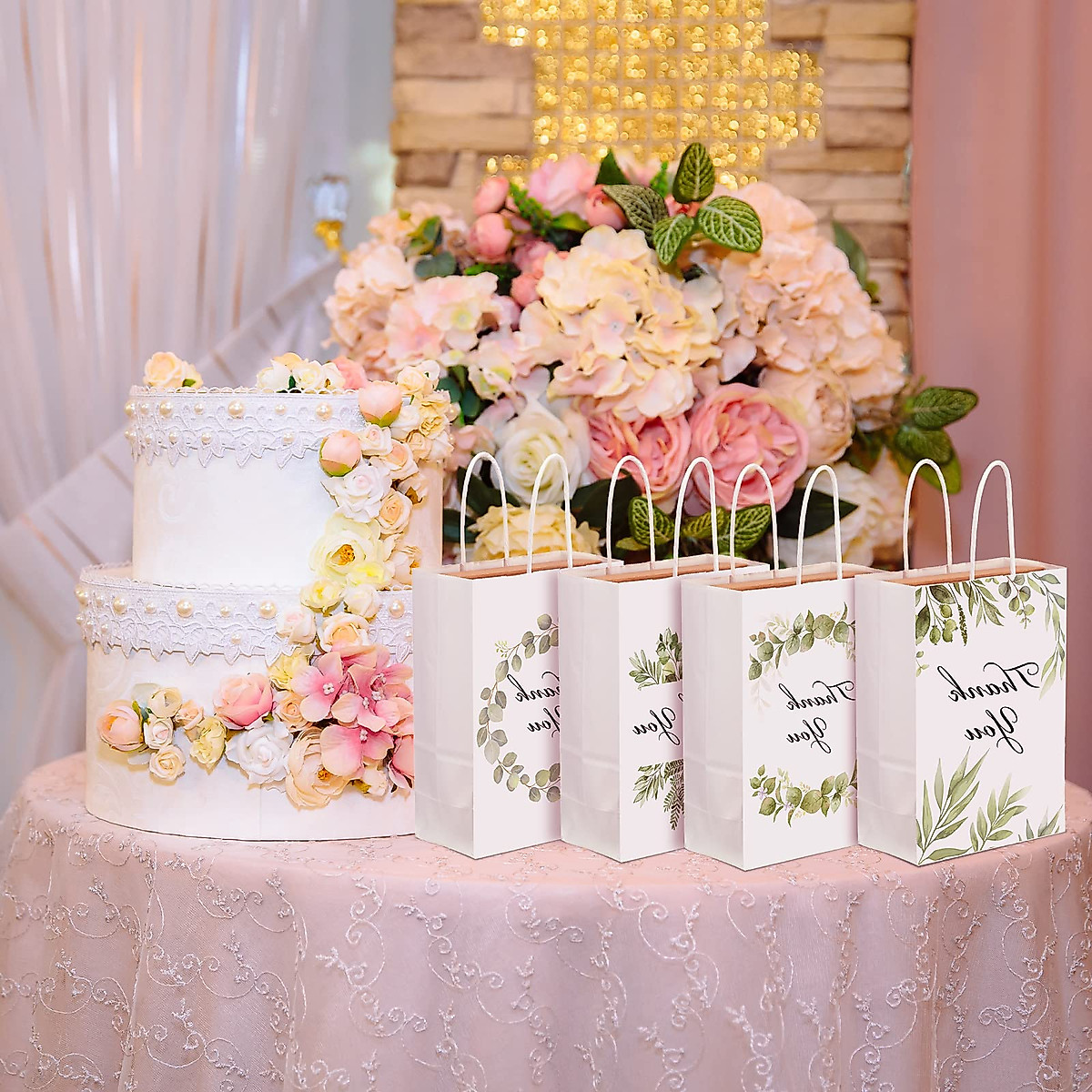 24 Pcs Eucalyptus Thank You Bags Kraft Thank You Gift Bags with Handles Wedding Favor Bags Bridal Baby Shower Bag Thank You Paper Bags for Birthday Party Boutique Business Shopping, 5.9 x 3.1 x 8.3''