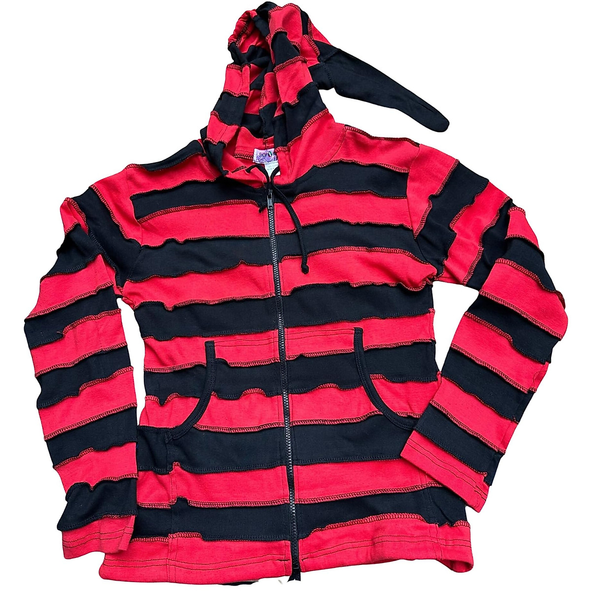 Shopoholic Fashion Women Pixie Zip Up Hoodie Striped Hippie Jacket Sweater [L,Red Black]