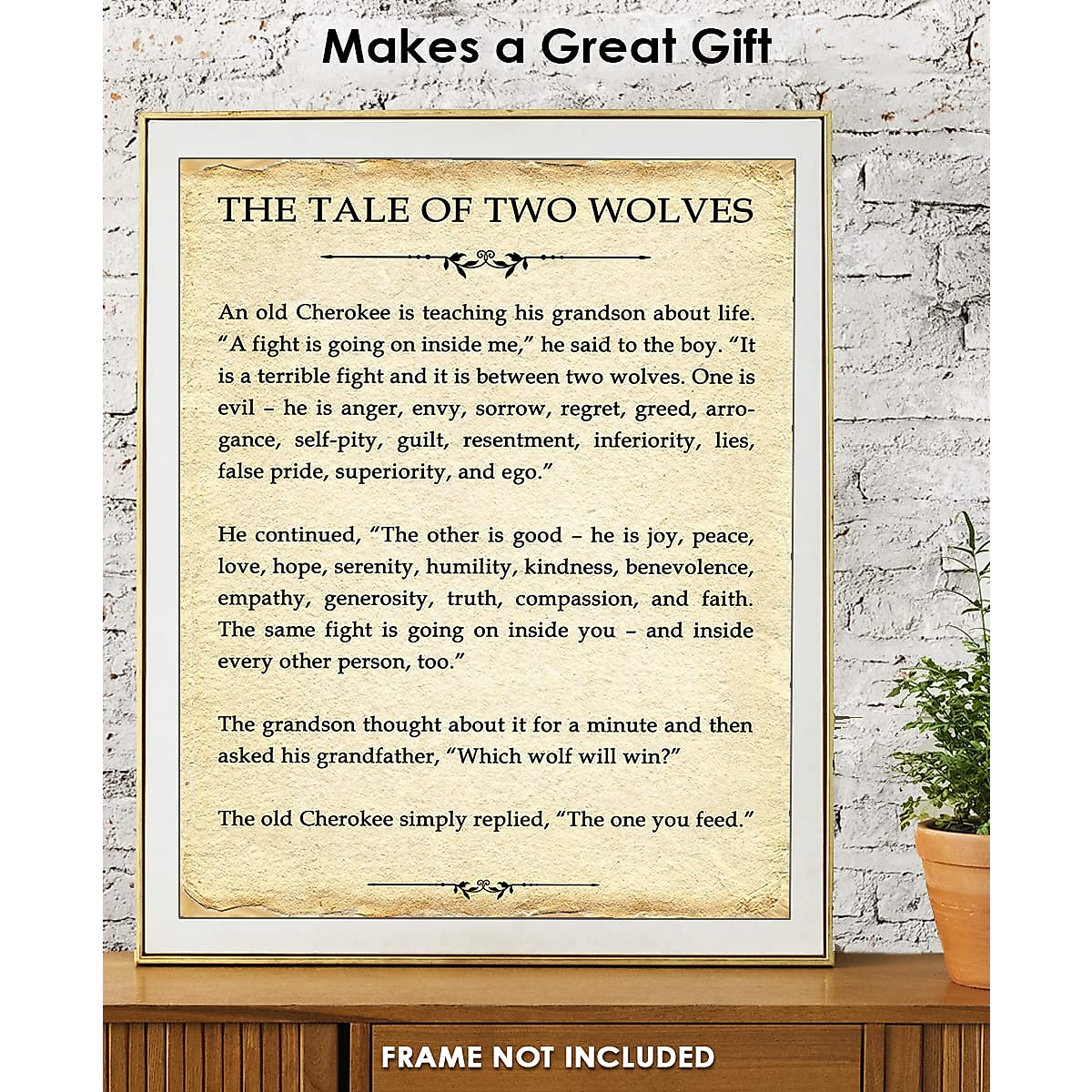 Motivational Wall Art Office Decor for Men & Women: "The Tale of Two Wolves" Literary 8x10 Inspirational, Motivational Poster & Positive Affirmations Wall Decor for Kids