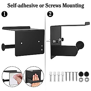 Toilet Paper Holder, Matte Black Toilet Paper Holder with Shelf,Screw or Self Adhesive Toilet Paper Holder Wall Mount,SUS304 Bathroom Toilet Paper Holder,Toilet Paper Roll Holder for Bathroom,Washroom