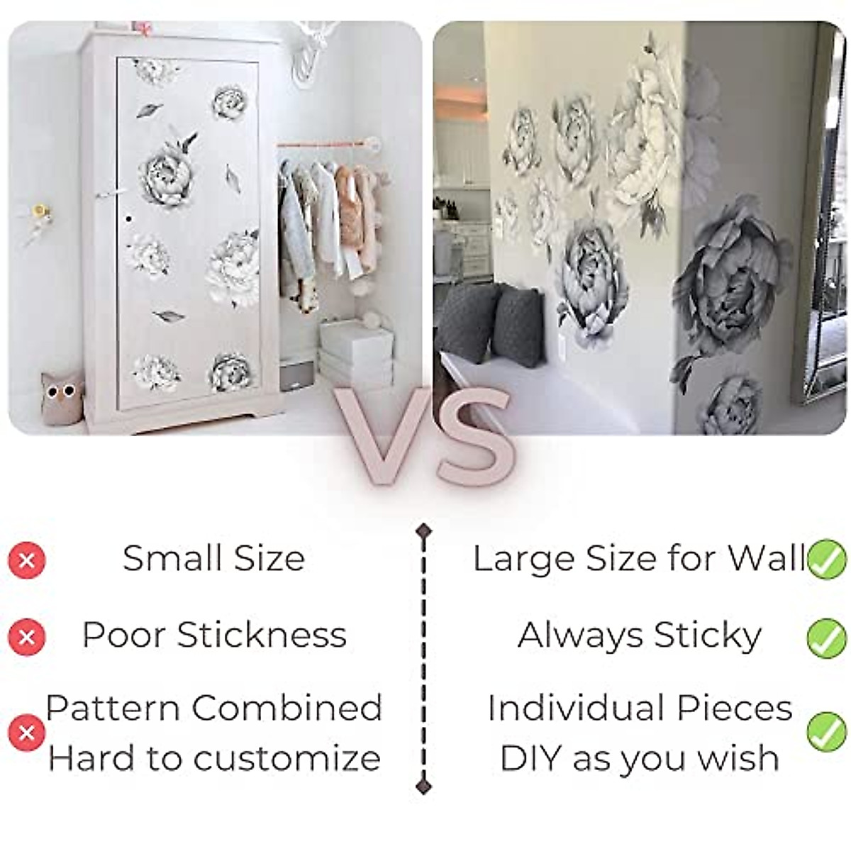 Wonder Space Jumbo Peony Watercolor Wall Decals - Large Size Peonies Flowers Leaves Room Wall Stickers - Scandinavian Design Floral (Pink & White)