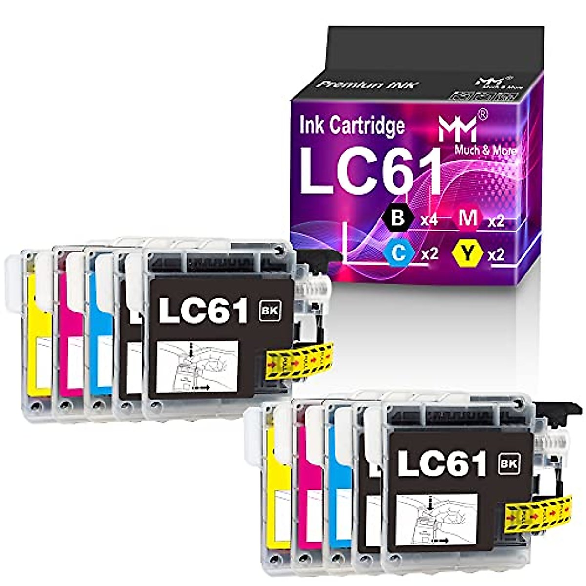 MM MUCH & MORE Compatible Ink Cartridge Replacement for Brother LC-61 LC61 LC 61 Used with DCP-165C DCP-375CW DCP-385CW MFC-490CW MFC-5895CW MFC-6490CW Printer (4 BK, 2 C, 2 M, 2 Y, 10-Pack)