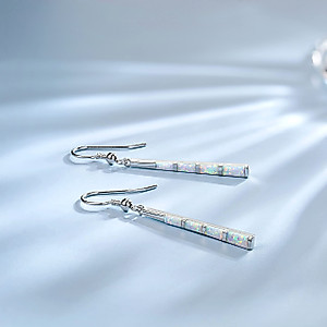 FANCIME 925 Sterling Silver White Opal Earrings Dainty Long Striped Drop Hypoallergenic Earrings October Birthstone Fine Jewelry for Women
