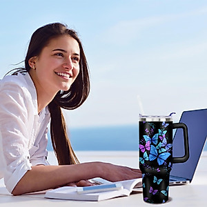 Thmasamwr Butterfly Tumbler With Lid, Straw and Handle - 40oz Stainless Steel Travel Coffee Mug Water Bottle - Gift Cup for Women and Girls