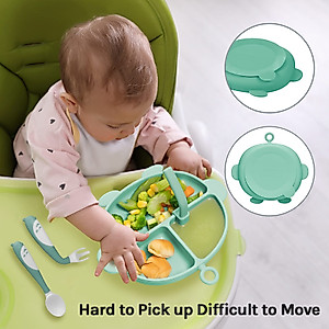 Qishare Silicone Suction Plates for Babies & Toddlers - Strong Suction Grip Divided Dish - Self Eating Utensils Set with Straw, Fork, Spoon for Kids - Dishwasher-Safe Toddler Plates (Green)