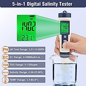 Chaoos Digital Salinity Tester, 5 in 1 TDS/PH/EC/Temp&Salinity Tester Waterproof LCD Saltwater Meter with ATC Large Range 0-200ppt for Seawater, Aquariums, Marine Monitoring, and Koi Fish Pond
