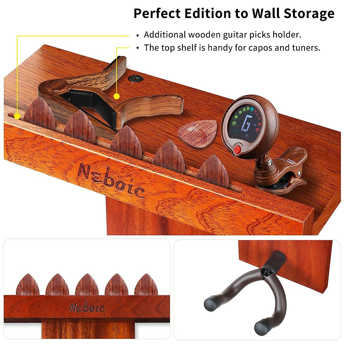 Neboic 2 Pack Guitar Wall Mount, Guitar Hanger with Wood Shelf, Guitar Hook, Guitar Holder for Acoustic Electric Bass Guitar Ukulele Banjo Mandolin