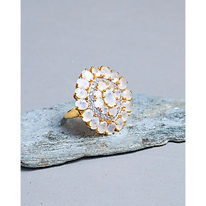 YoTreasure Natural Rainbow Moonstone White Topaz Yellow Gold Plated Over 925 Silver Women's Engagement Ring Jewelry