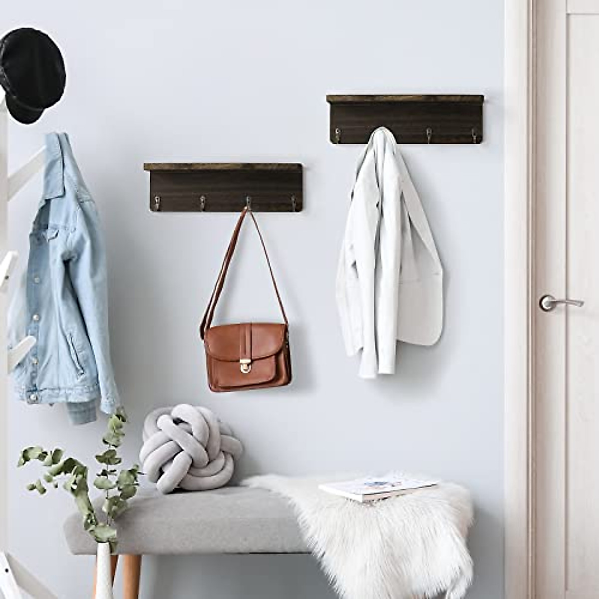 LIANTRAL Coat Rack Wall Mount with Shelf, 2 Pack Coat Hooks Wall Mounted Rustic Wall Mounted Coat Rack with 4 Hooks for Wall Decor, Entryway, Mudroom, Hallway, Bedroom, Bathroom, Kitchen(Brown)