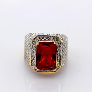 Uloveido Men's Emerald Cut Red Cubic Zirconia Ring with Wide Band Dainty Birth-stone Ring Birthday Father's Day Gifts Idea for Men Husband (Size 12) RA408