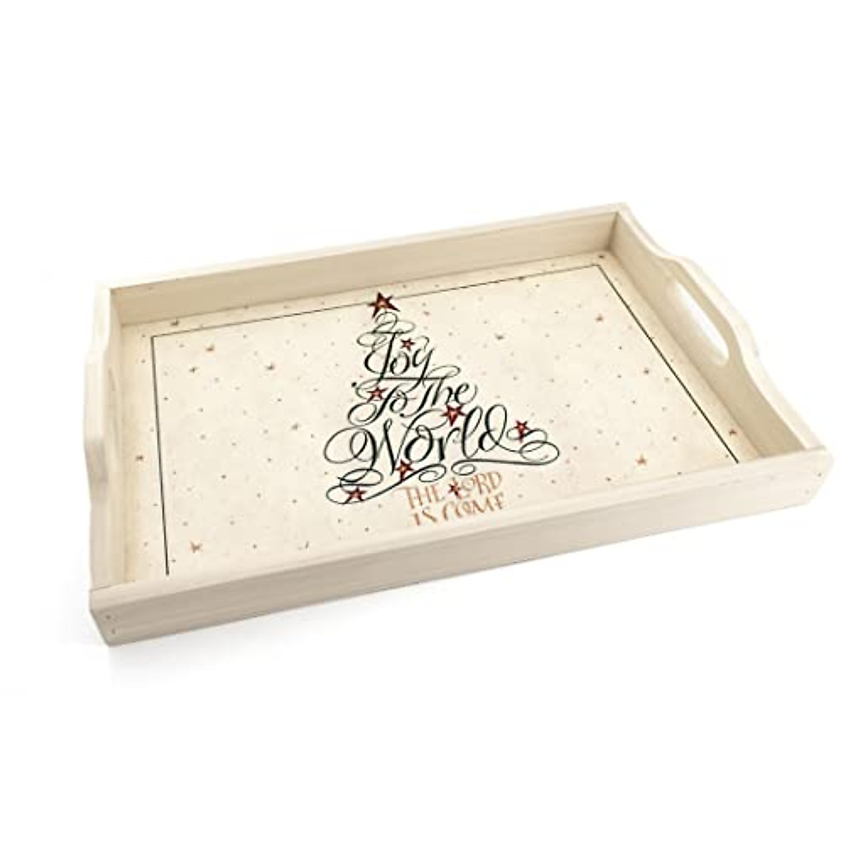 Elysian Gift Shop Joy to The World Christmas Serving Tray- Rustic Farmhouse Modern slatted Wood Look with Handles and Christmas Tree Christmas Decorative Large Platter, Ivory, 18x12